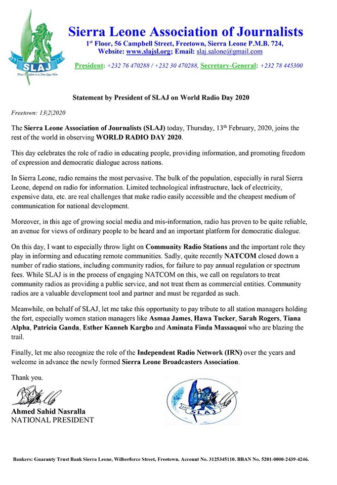 SLAJ recognizes World Radio Day - SwitSalone