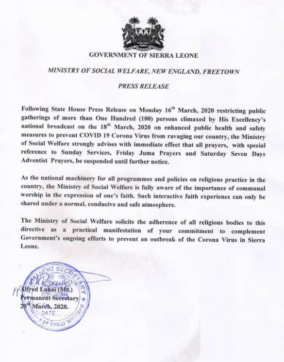 Religious activities in Sierra Leone suspended indefinitely ﻿ - SwitSalone