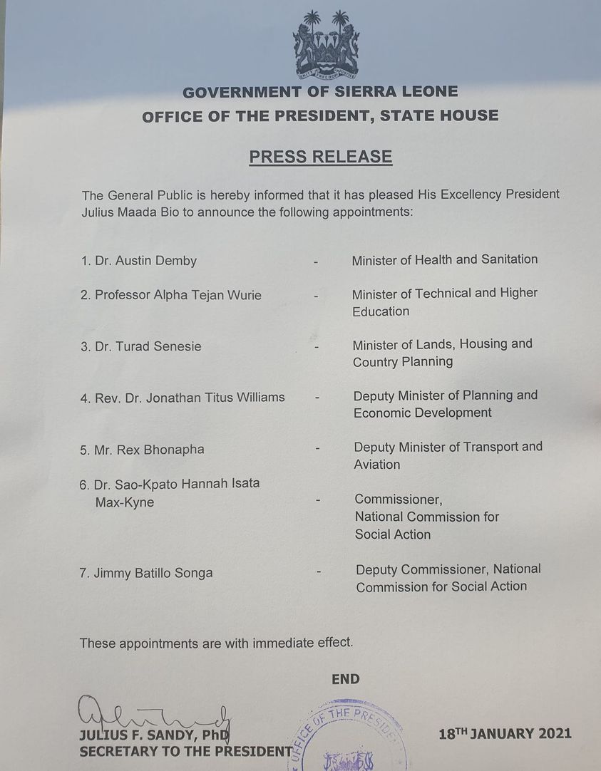 Government of Sierra Leone Announces New Cabinet Reshuffle - SwitSalone