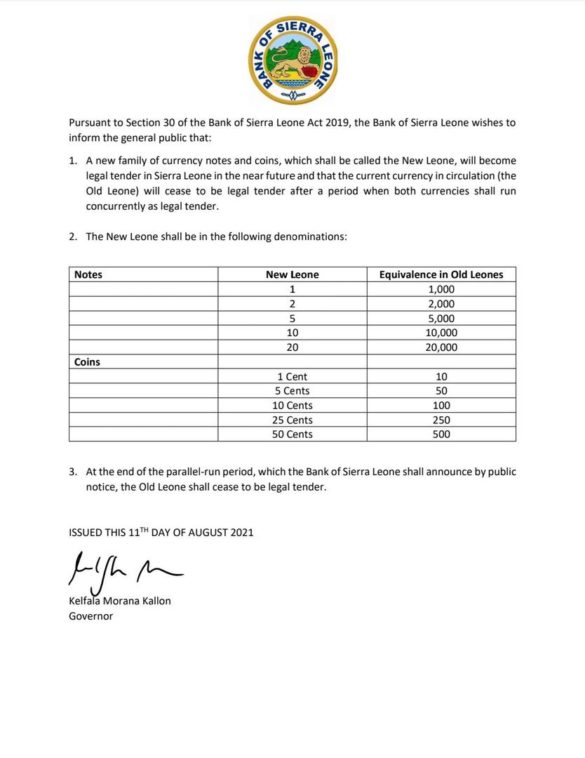 Sierra Leone announces the re-denomination of its currency - SwitSalone