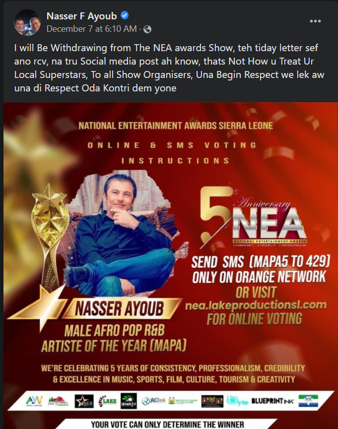 Nasser Ayoub withdraws from this year’s National Entertainment Awards ...