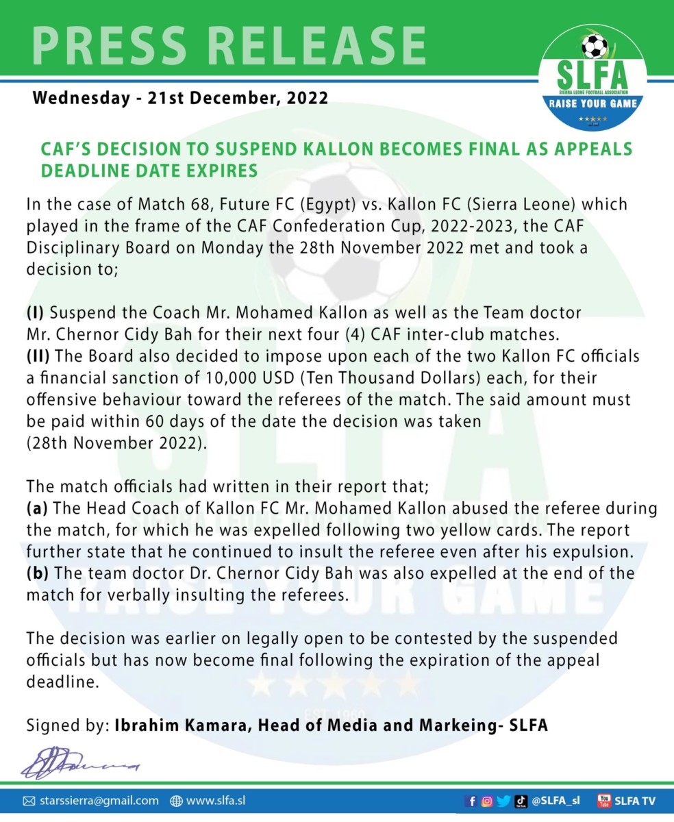 CAF imposes four-match ban on Mohamed Kallon - SwitSalone