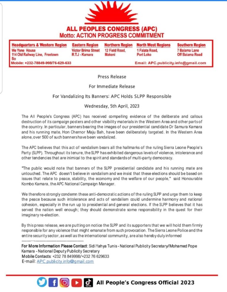 APC accuses SLPP of vandalizing its campaign banners - SwitSalone