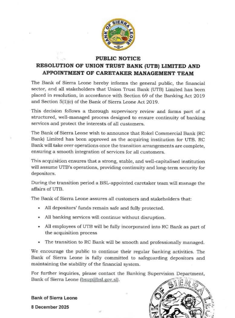 Bank of Sierra Leone Puts UTB Into Resolution, Rokel Bank to Take Over ...