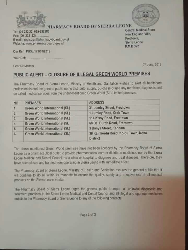Pharmacy Board Sierra Leone bans Green World (SL) from operating in ...