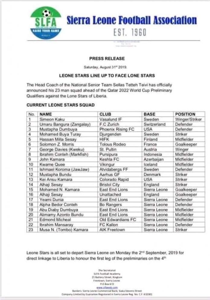 Sierra Leone names 23 man squad to play in first International match ...